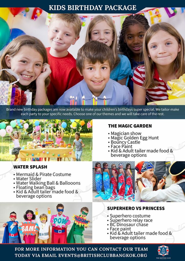 Brand New themed kids birthday packages - The British Club Bangkok