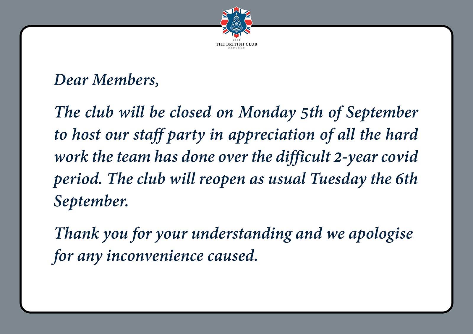 Club Closure on 5th September 2022 - The British Club Bangkok